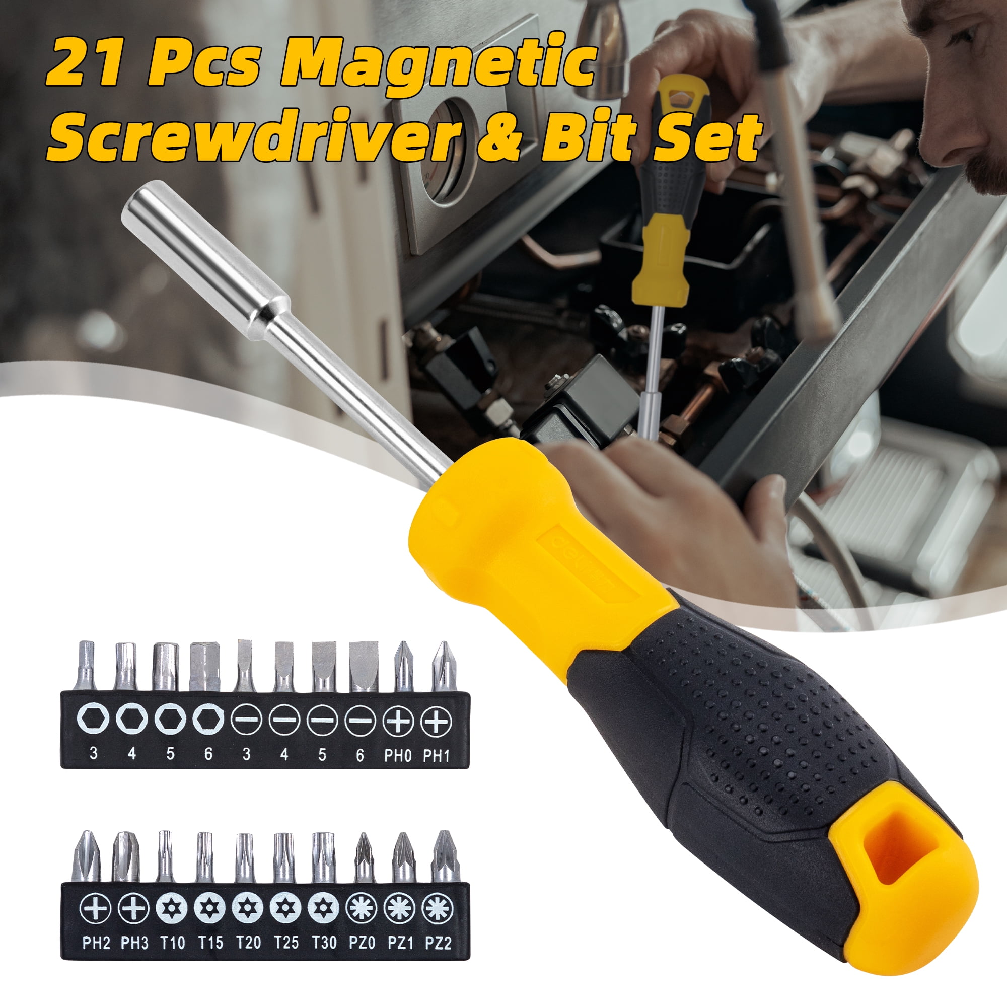 Deli 21Pc Magnetic Screwdriver Bit Set with Multi Type Bits Comfort Grip Handle Walmart