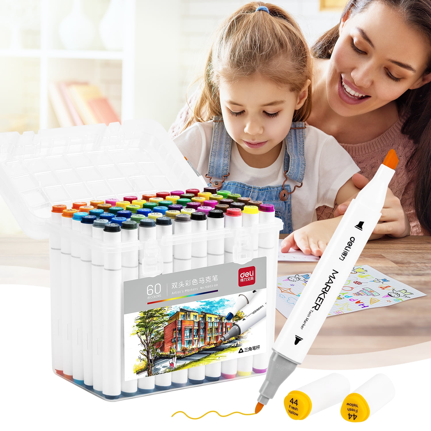 Deli 60 Colors Dual Tip Art Markers, Kid-Safe, Permanent, with Storage ...