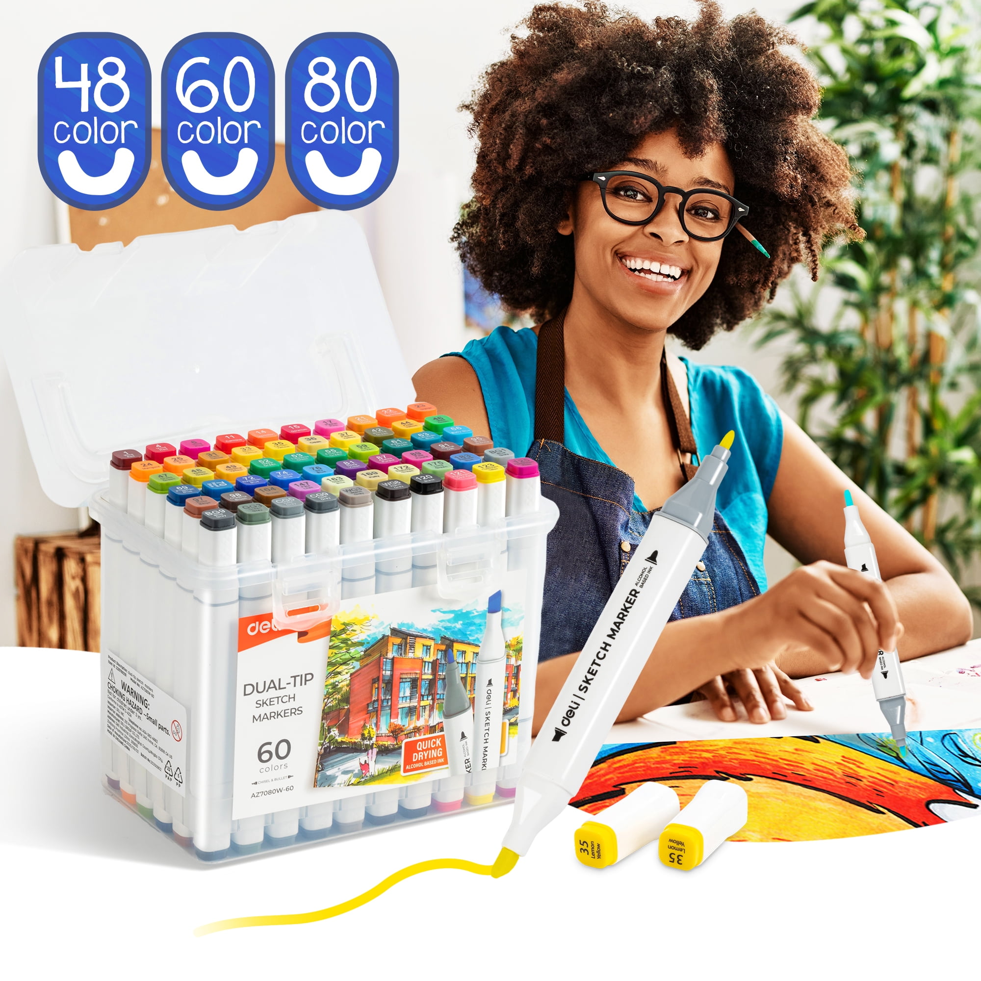Deli 60 Colors Dual Tip Alcohol Markers, Permanent Markers for ...