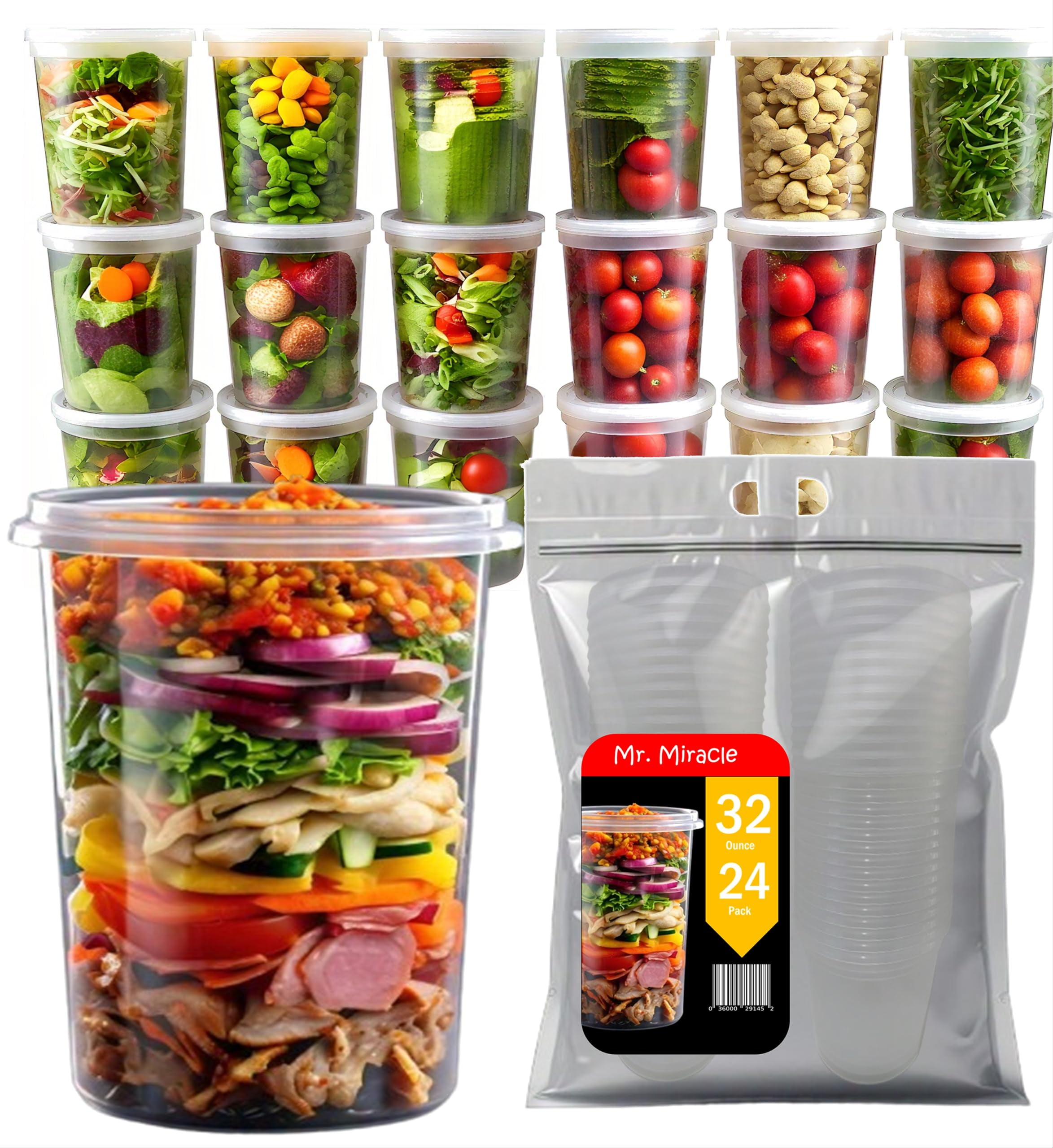 Deli Containers with Lids - 24 Pack of 32 oz Clear Airtight Reusable Plastic Food and Multi ...