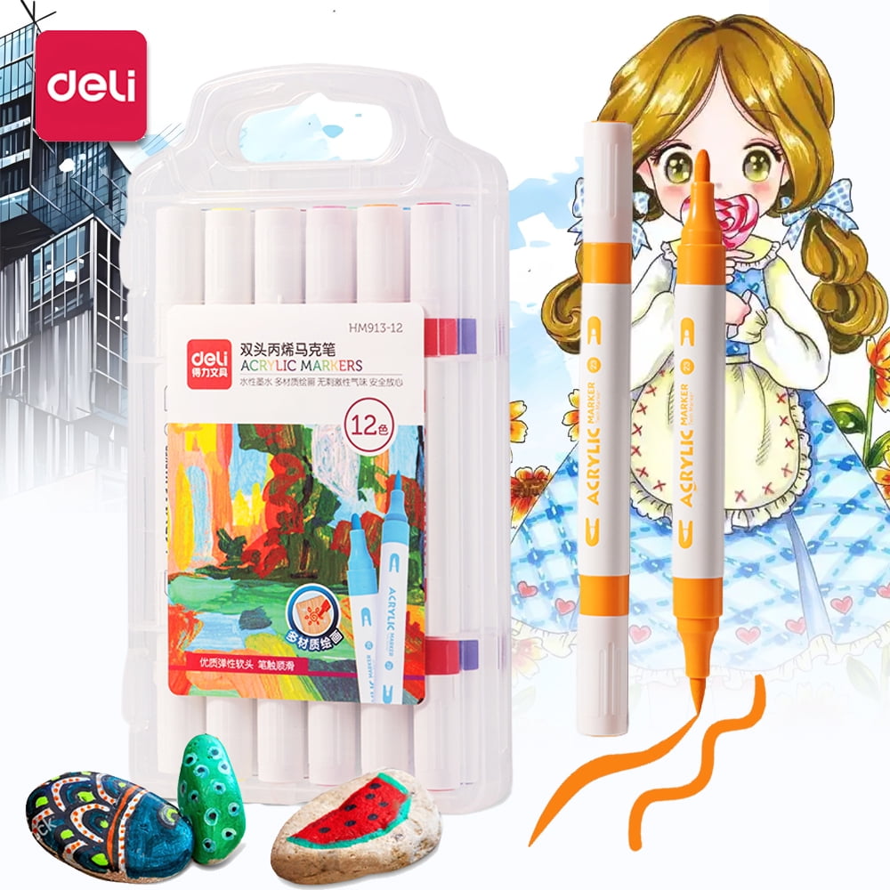 Deli Paint Markers Dual Tip Quick Drying Acrylic Marker Pens Paint Pens ...