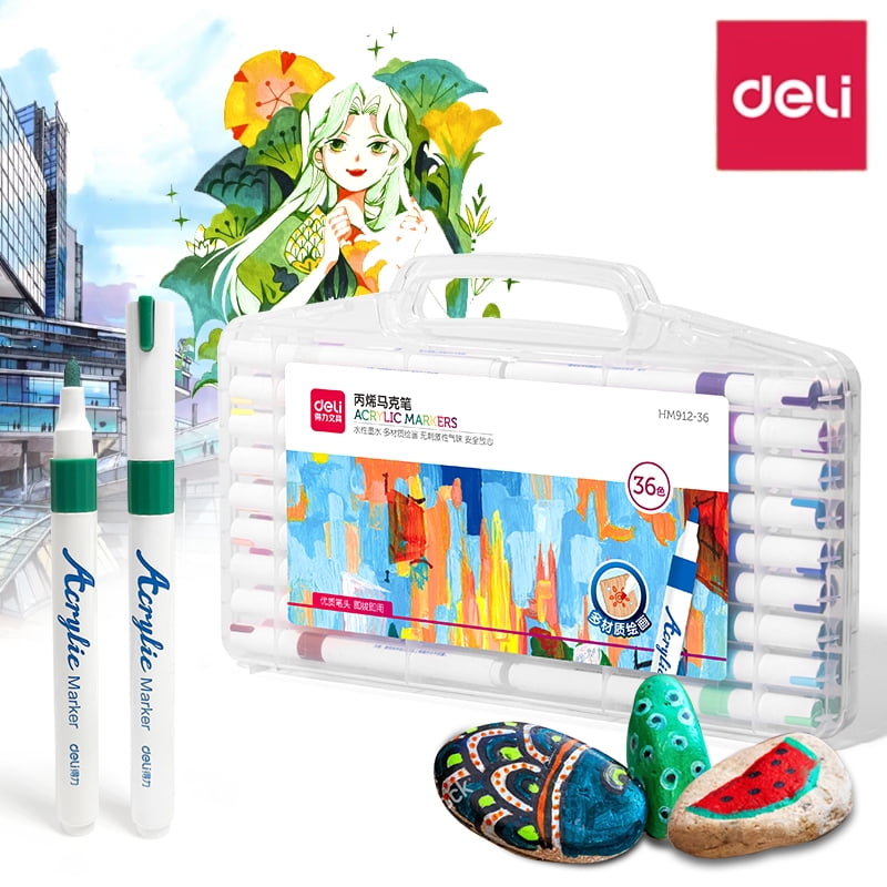 Deli Paint Markers Quick Drying Acrylic Marker Pens Paint Pens for Wood Rock Canvas (36 Colors ...