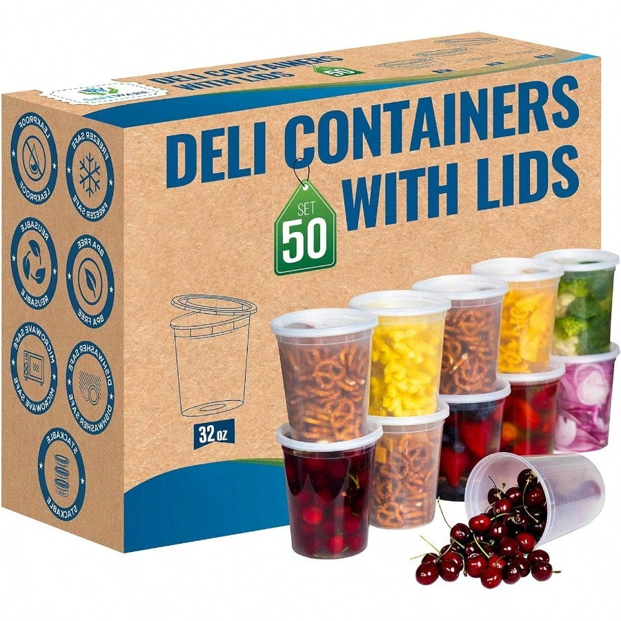 Deli Plastic Food Containers with Airtight Lids [50 Sets] Leakproof ...