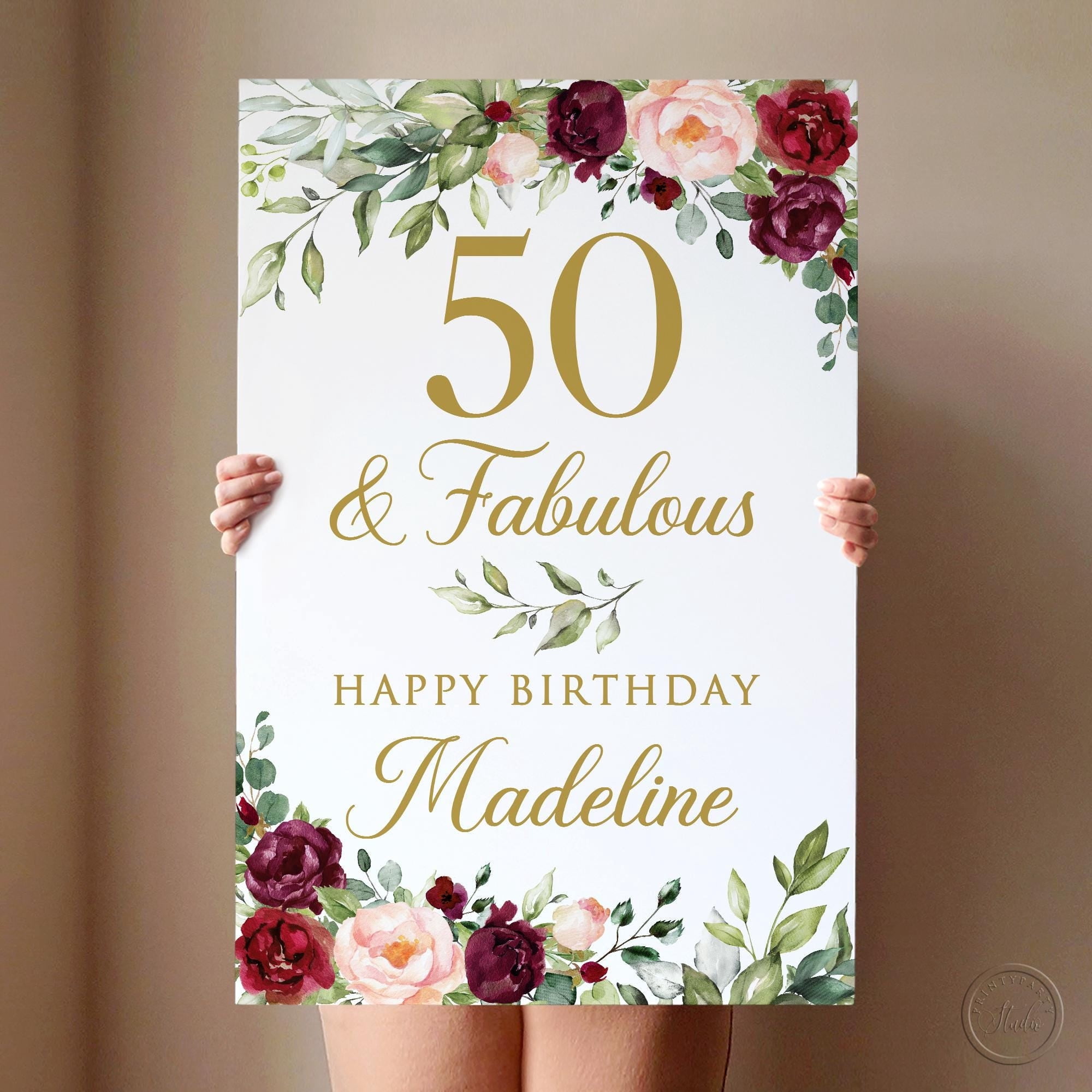 DeliFri 50 & Fabulous Birthday Welcome Sign, Burgundy Floral 50th ...