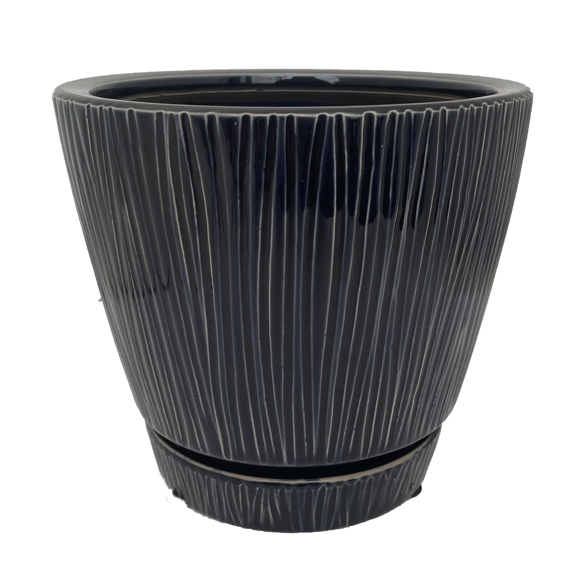 Delica-Loom Ceramic Pot with Attached Saucer - 6" x 5.25" - Dark Denim ...