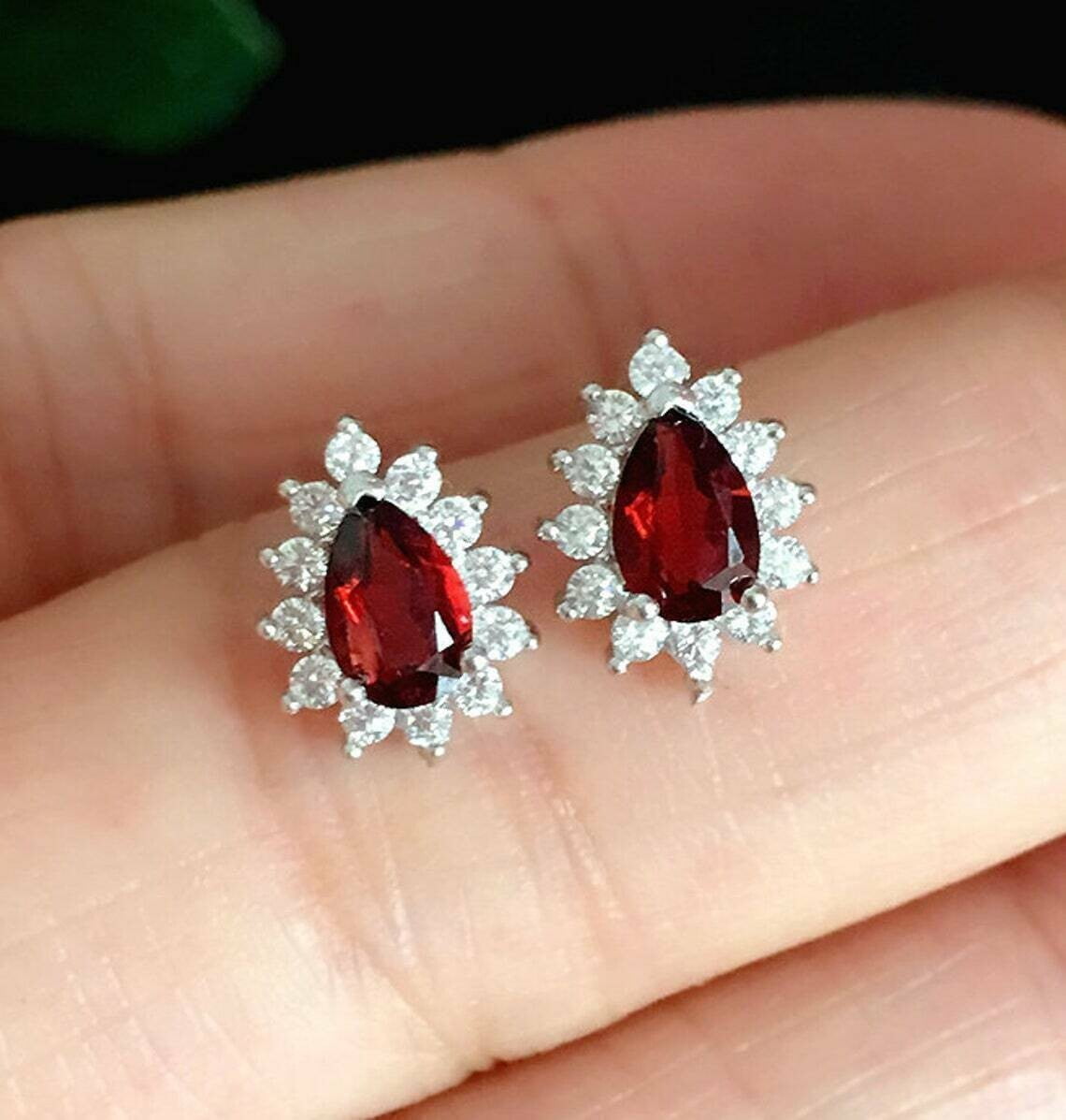 Delicate 3Ct Pear Cut Lab-created Ruby & Diamond Halo Stud Earrings 14K White Gold Finish Silver ...