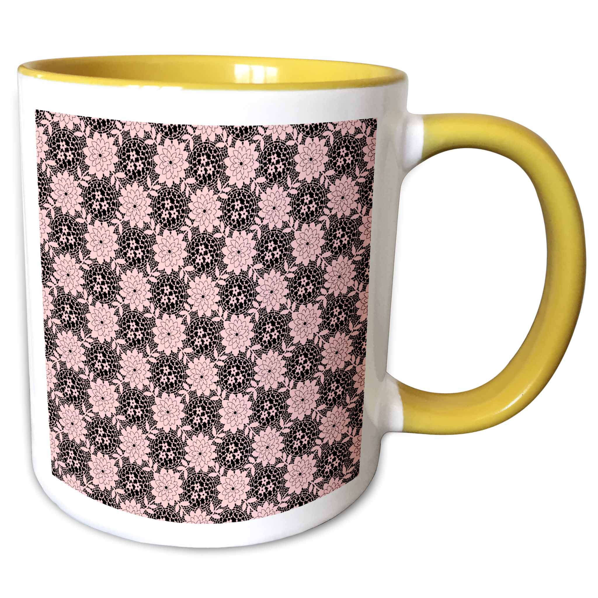Delicate Black Lace Pattern On Pink Background, 15oz Two-Tone Yellow ...