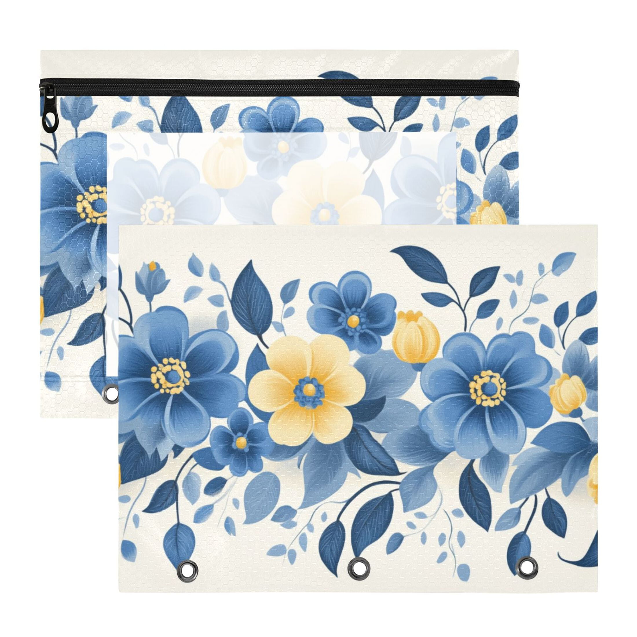 Delicate Blue and Yellow Flowers 3-Ring Binder Pouches A4 Size Zipper ...