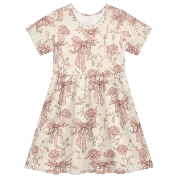 Delicate Bow and Roses Short Sleeve Dress A-Line Cute Midi Casual ...