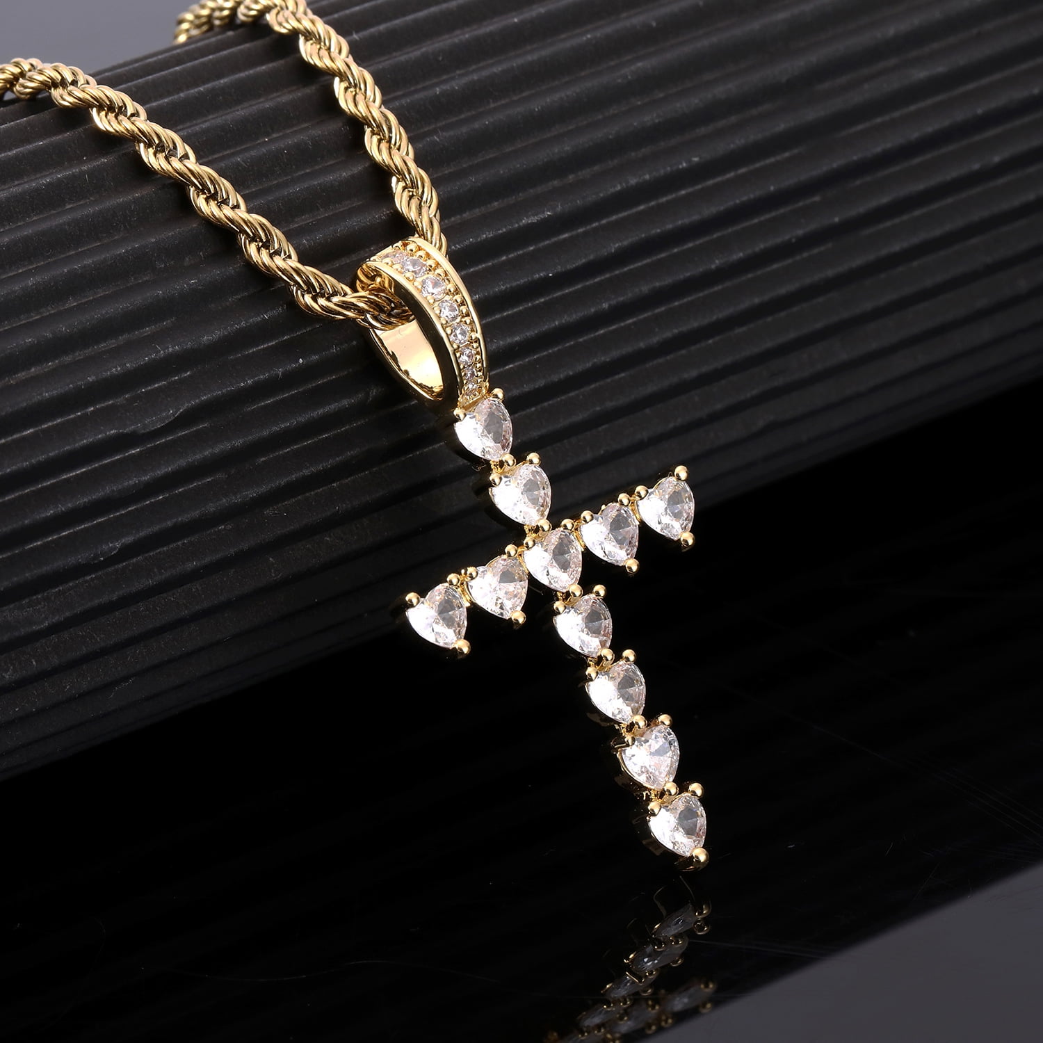 Delicate Crystal Heart Cross 14K Yellow Gold Pendant Necklaces for ...