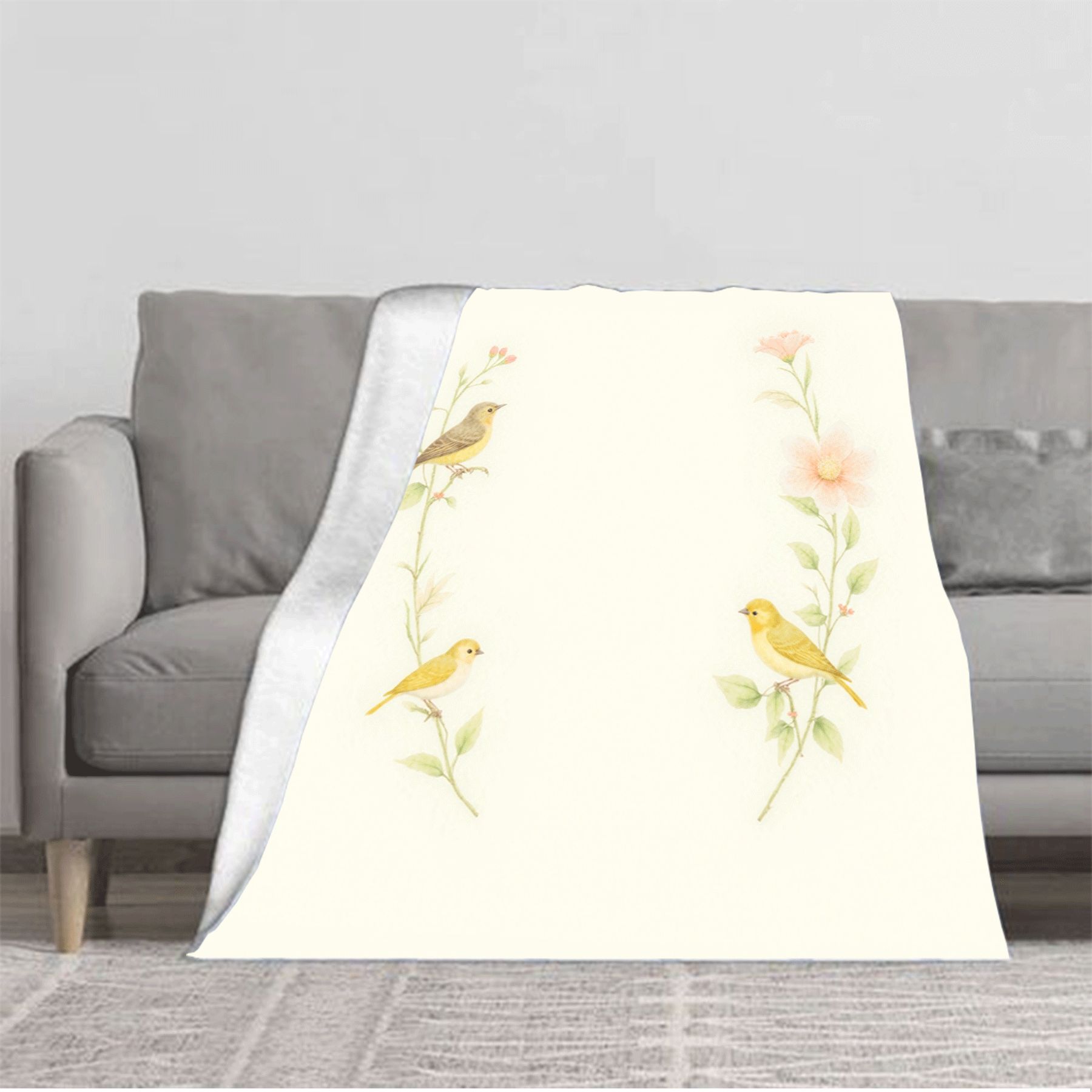 Delicate Floral & Bird Motif Flannel Blanket - Soft Cozy Warm Throw for ...