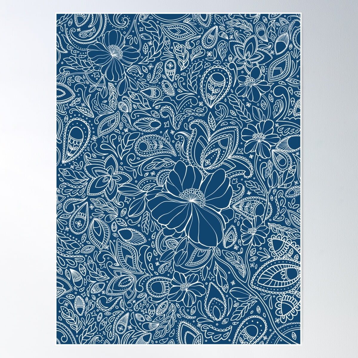Delicate Floral Line Art Pattern In Encore Blue Poster Wall Art, Modern ...