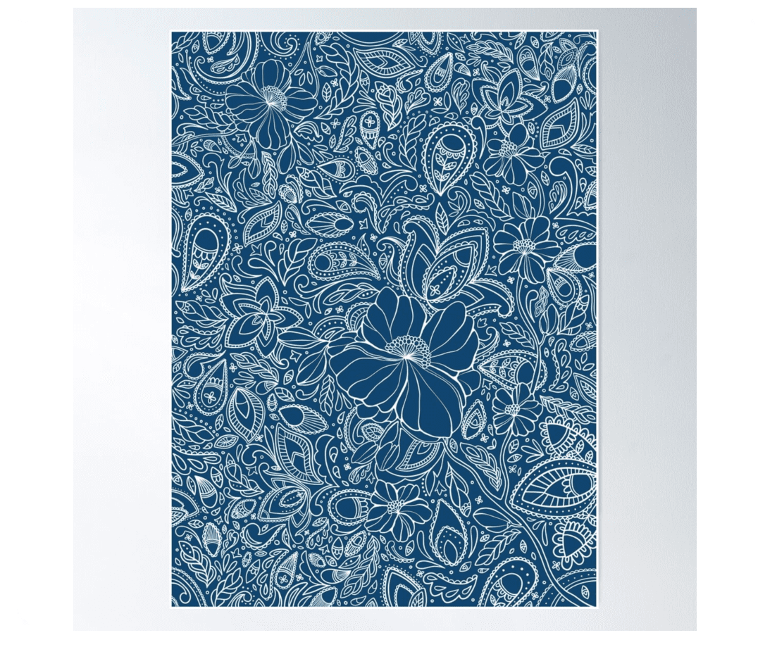 Delicate Floral Line Art Pattern In Encore Blue Poster Wall Art Modern ...
