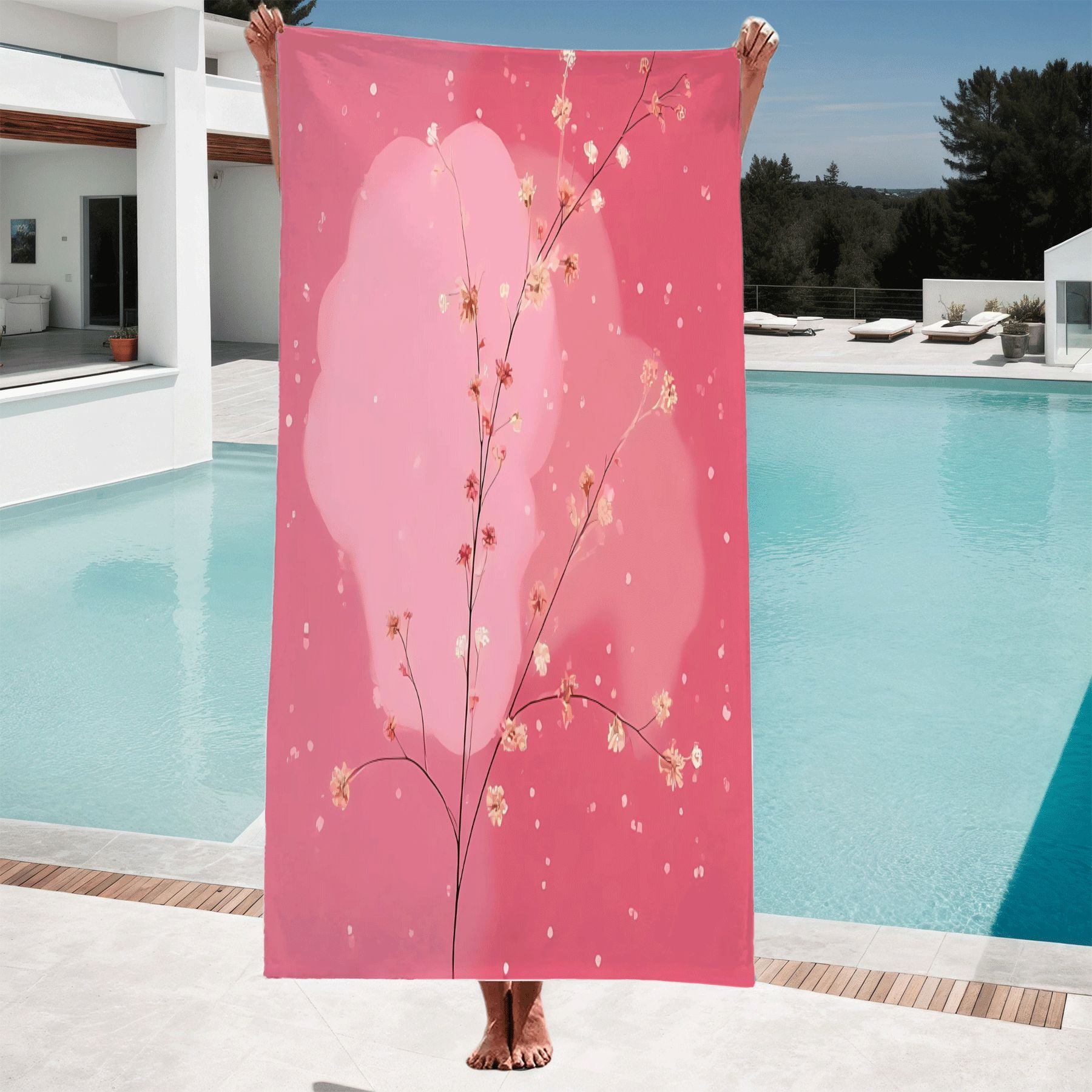Delicate Floral Pattern Beach Towel - Soft Pink Background with White ...