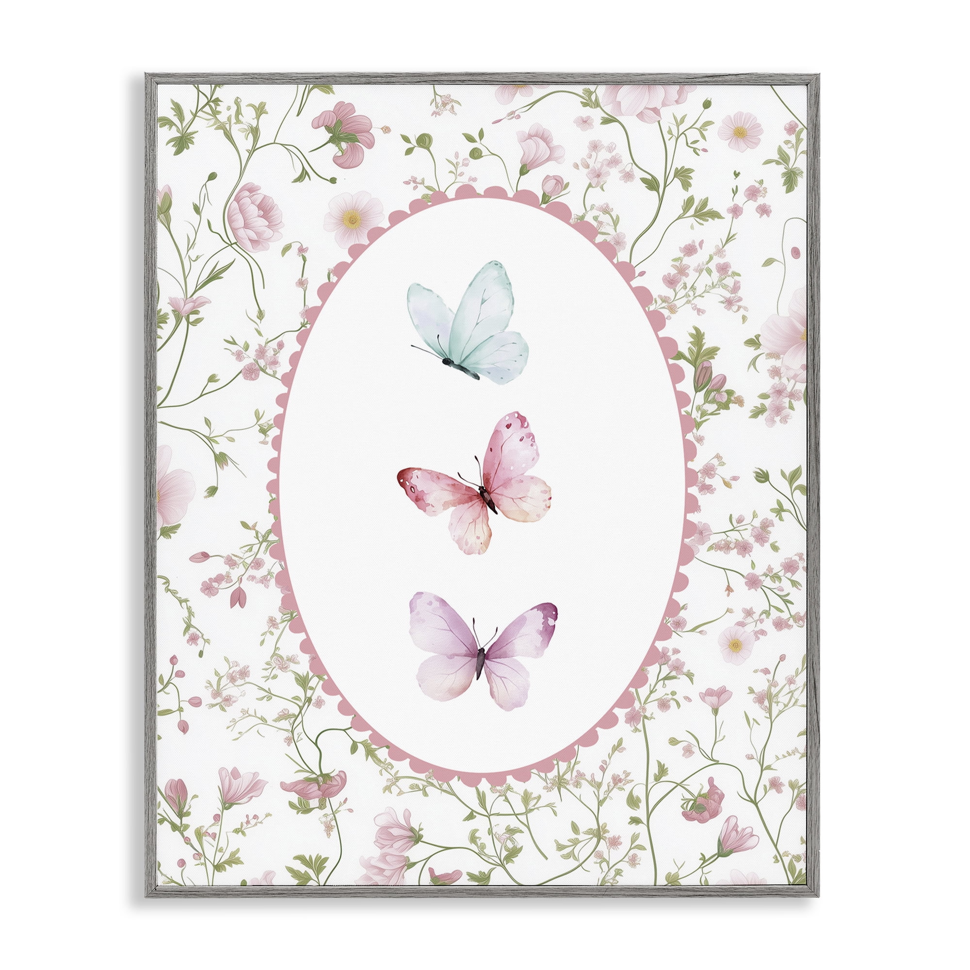 Delicate Florals & Butterfly Gray Framed Giclee Art, design by ...