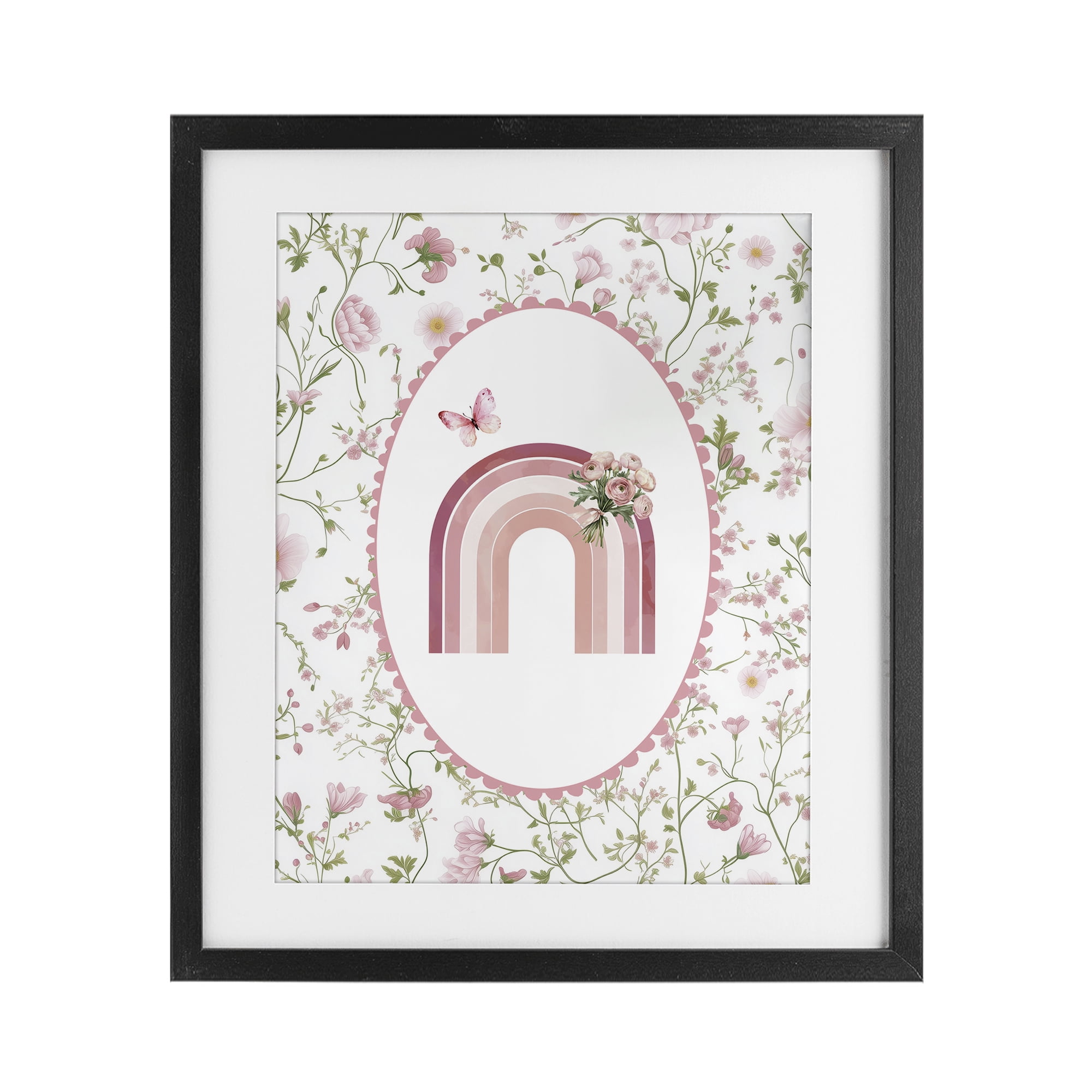 Delicate Florals & Rainbow Black Framed Print Under Glass, design by ...