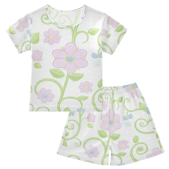 Delicate Flower Design Summer Pajama Set Soft Cotton Short Sleeve ...