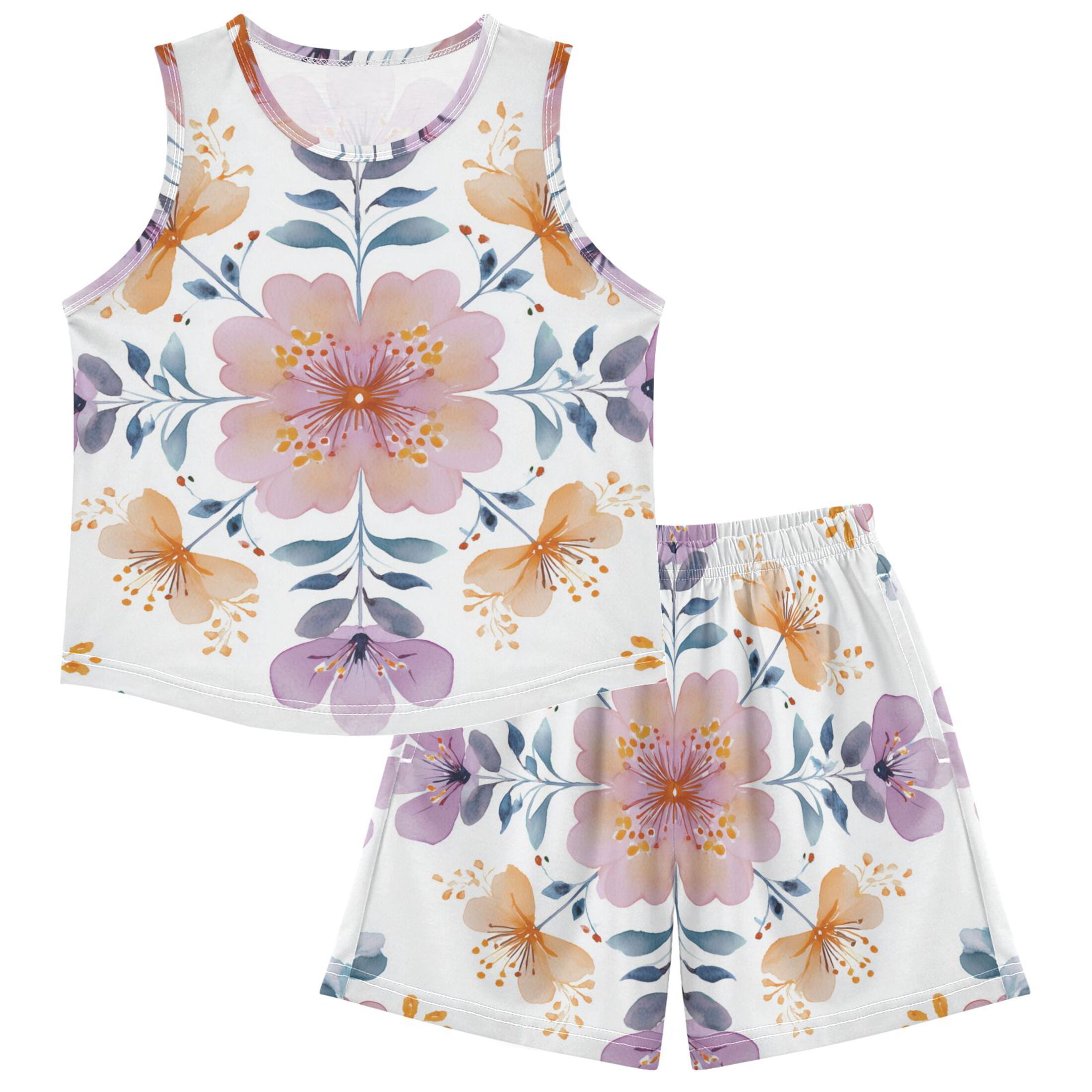 Delicate Flower Symmetrical Pattern Pajamas Set Sleeveless Sleepwear ...