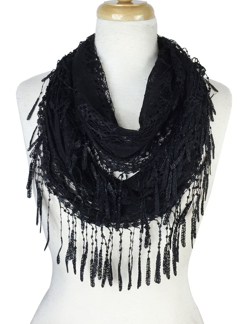 Delicate Lace Sheer Infinity Scarf With Teardrop Fringes Lightweight ...
