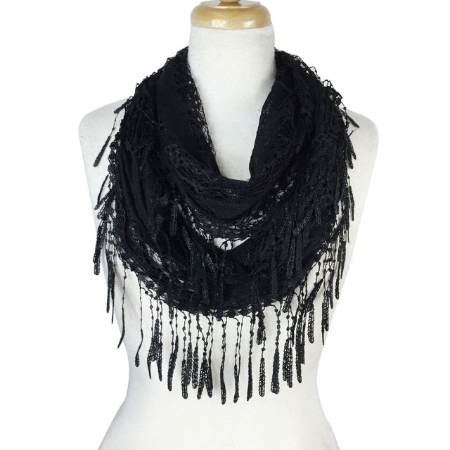 Delicate Lace Sheer Infinity Scarf With Teardrop Fringes Lightweight ...