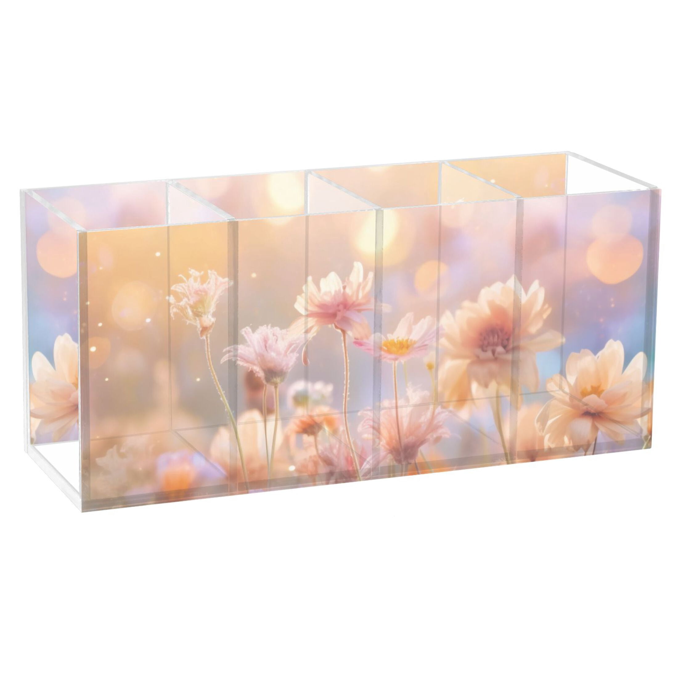 Delicate Pastel Flowers Acrylic Pen Holder 4 Compartments Clear Pencil ...