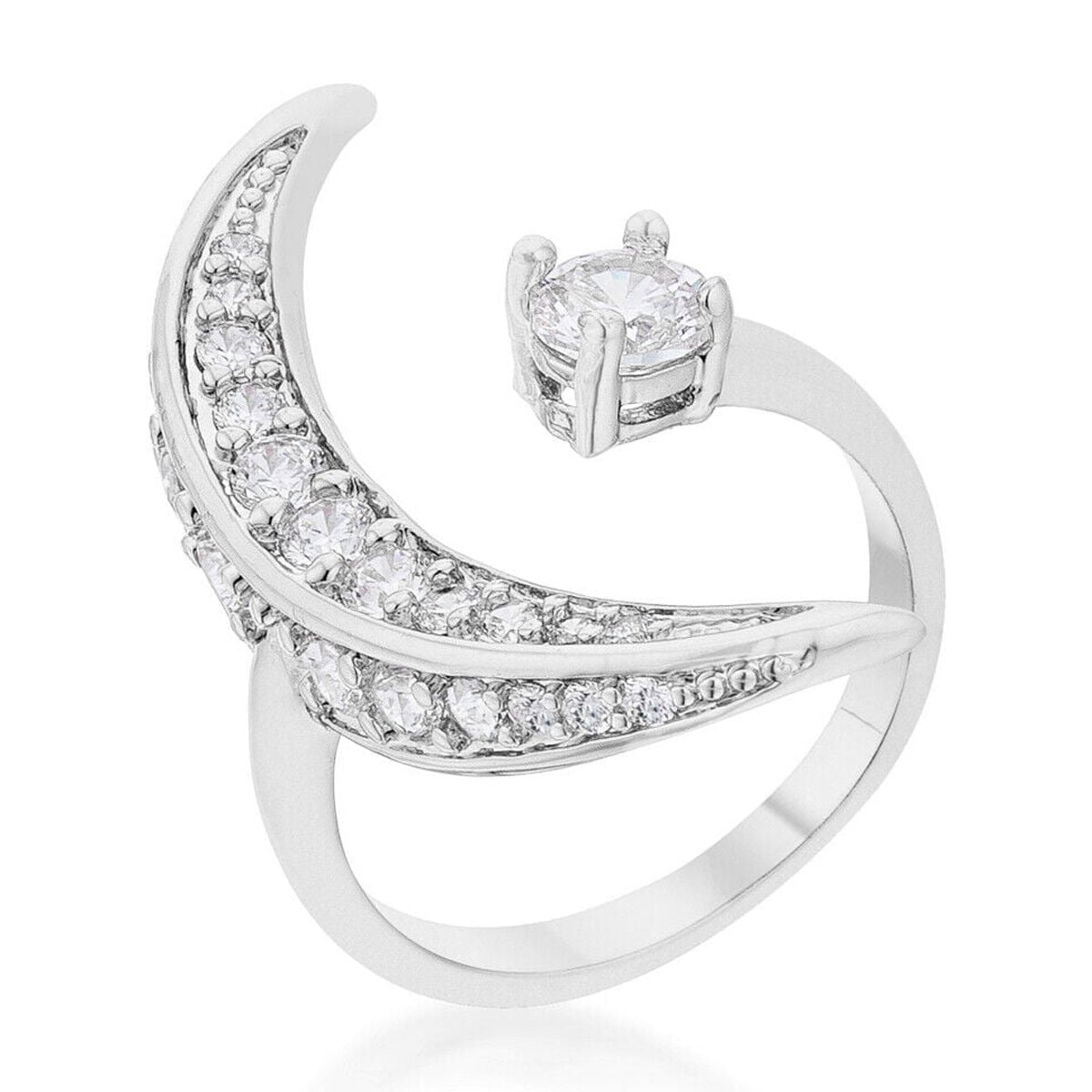 Delicate Pave Set Celestial Half Moon Open Cuff Ring 1.8 Ct Diamond 14K White Gold Over ...