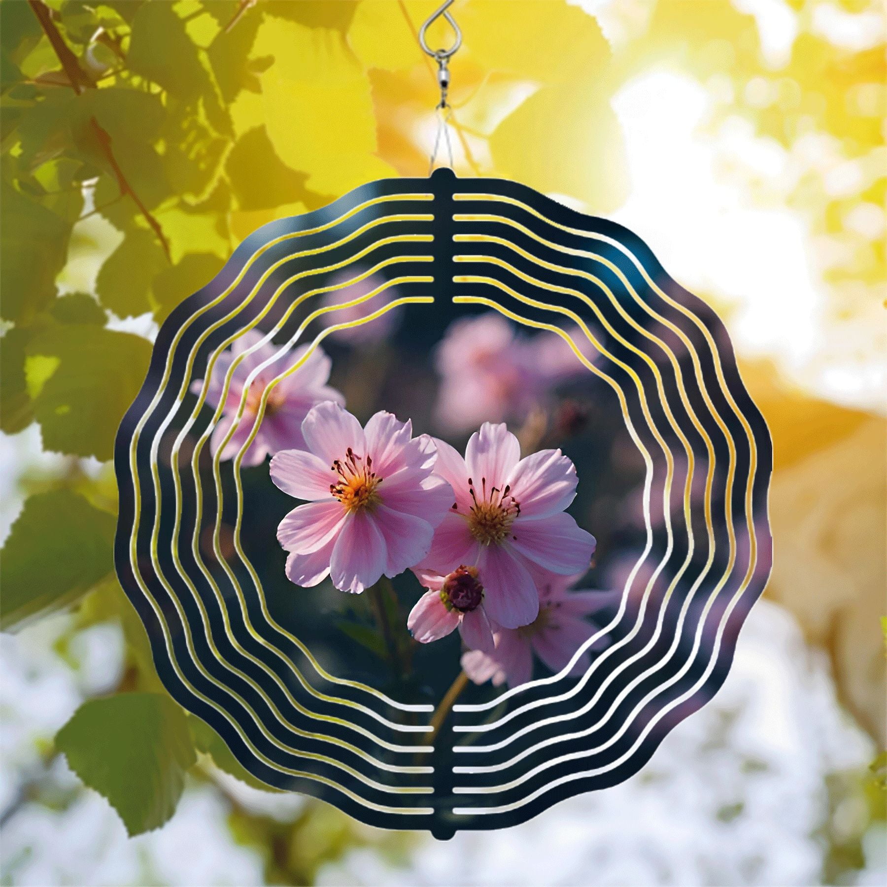 Delicate Pink Flower Metal Hanging Wind Spinner with Wave - Like Border ...