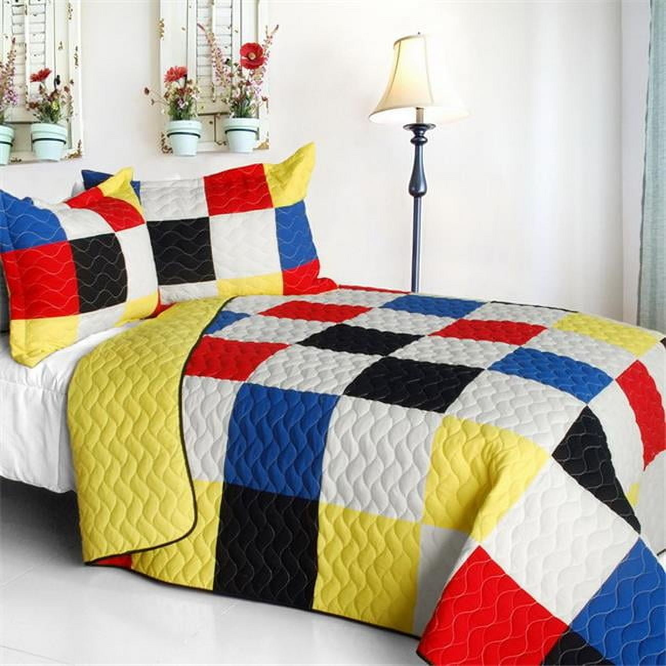 Delicate Plaid - C - Vermicelli-Quilted Patchwork Plaid Quilt Set Full ...