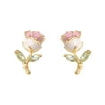 Delicate Rose Stud Earrings with Enamel & Zircon - 14K Gold Plated S925 ...