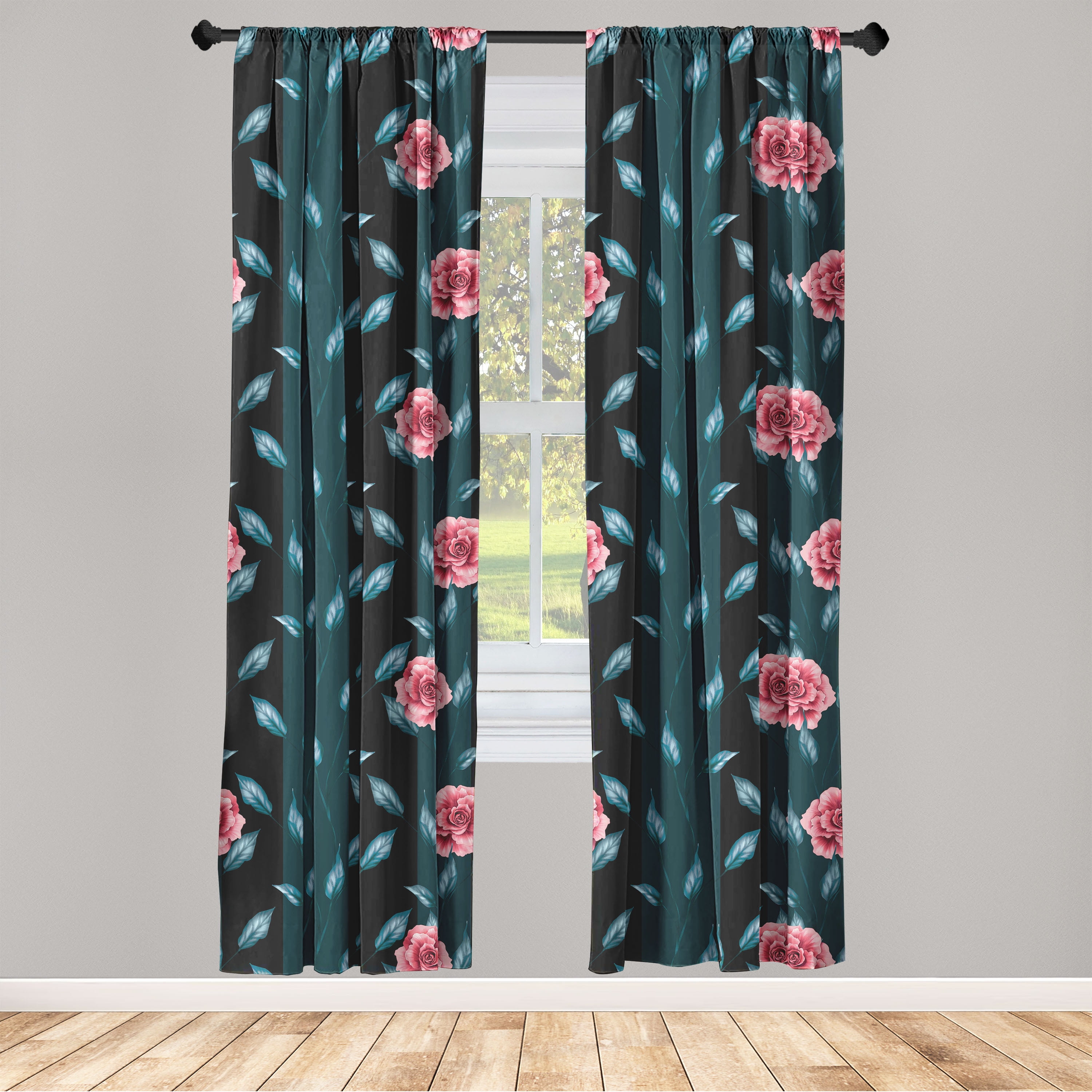 Delicate Roses Window Curtains, Modern Flowers with Leaves Greenery ...