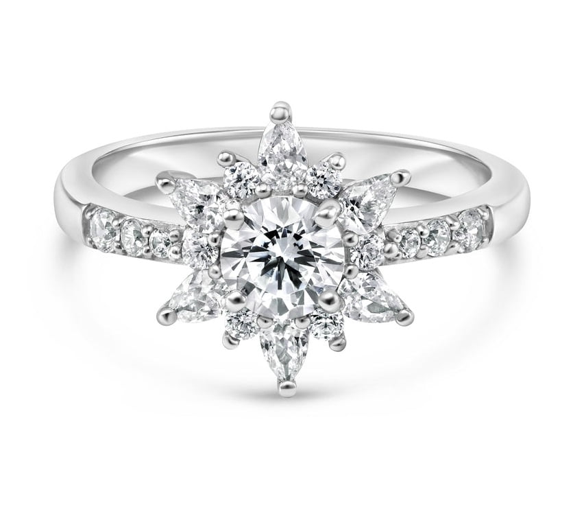 Delicate Round Cluster Diamond Ring Set Moissanite/CZ Plated White Gold ...