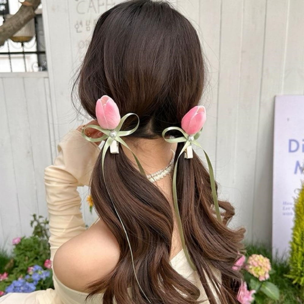 Delicate Tulip Ponytail Clip Bow Double Ball Design Romantic Touch ...