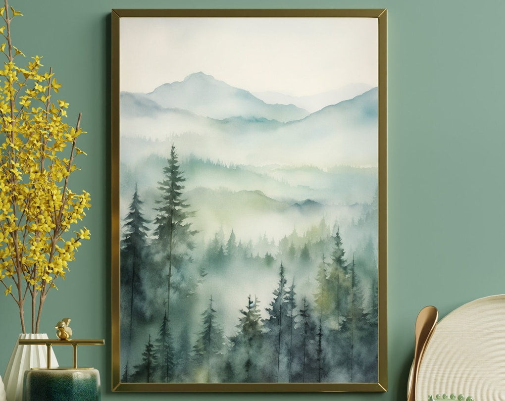 Delicate Watercolor Mountain Landscape Print, Pacific Northwest Foggy ...