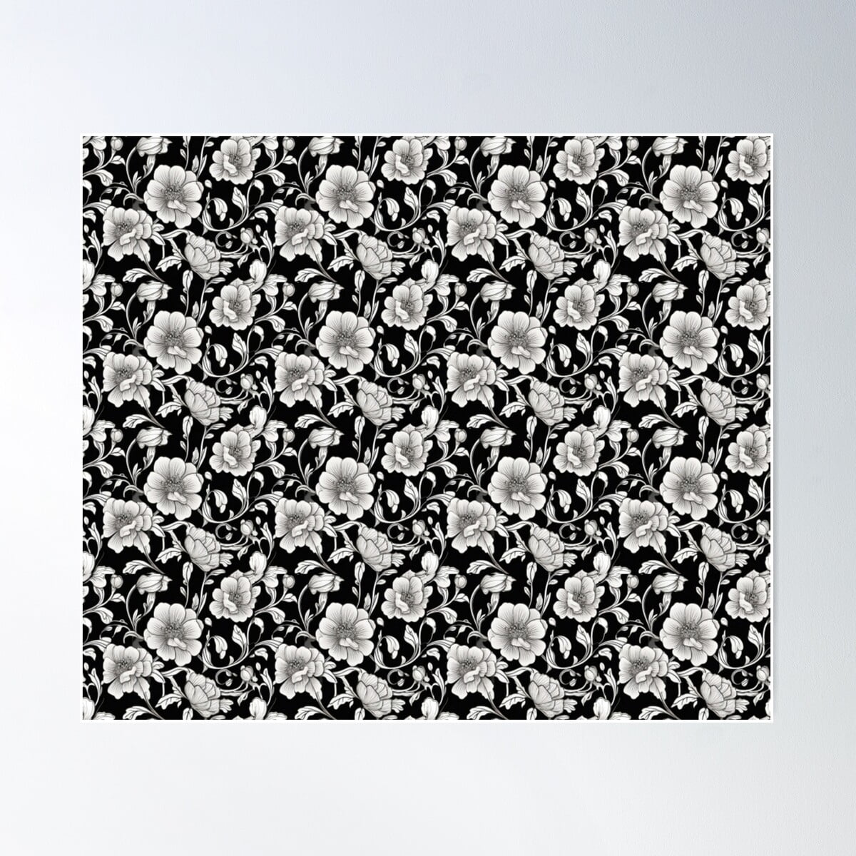 Delicate White On Black Flower Pattern Poster Wall Art, Modern Wall ...