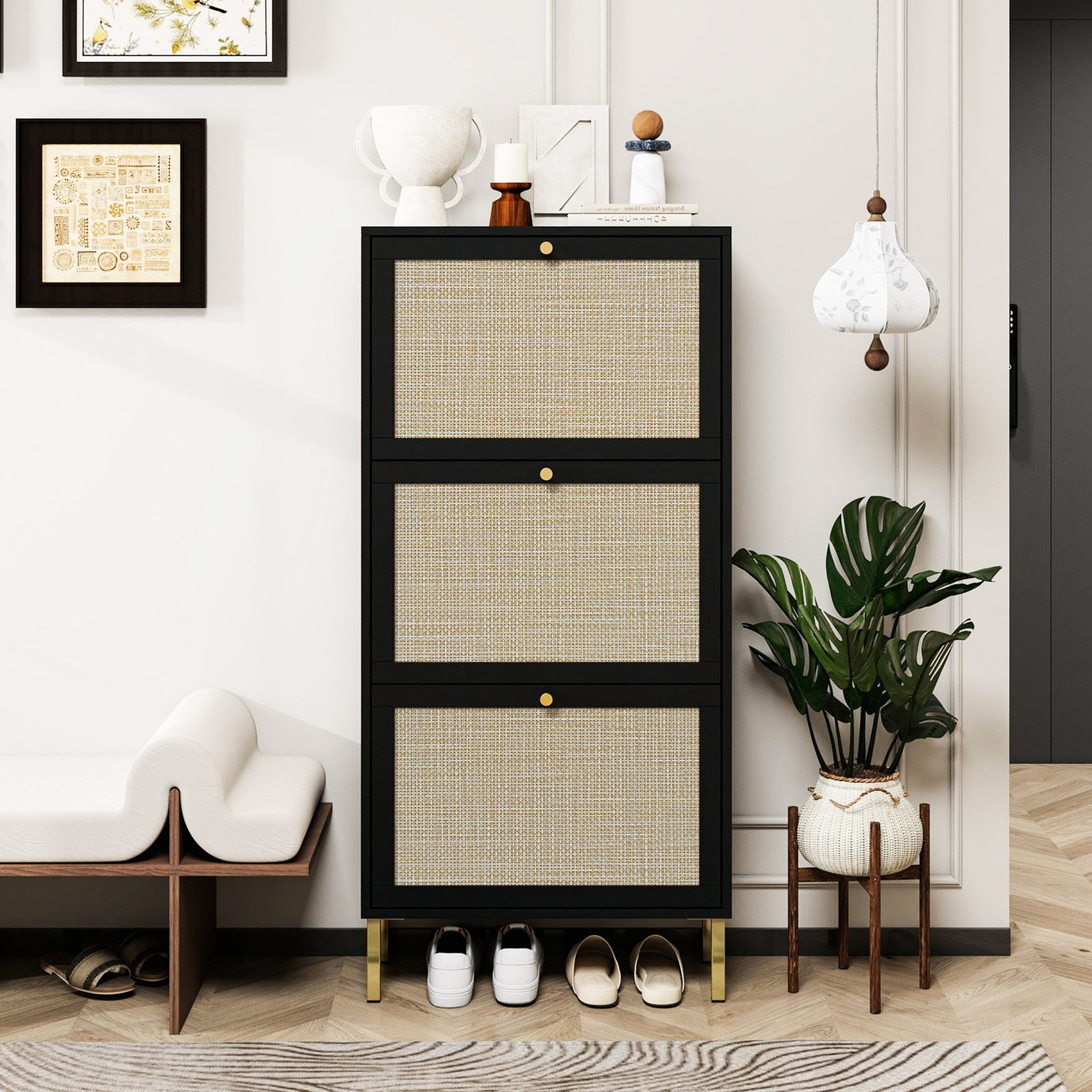 Delicate rattan and anti-slip base / Freestanding shoe rack for safe ...