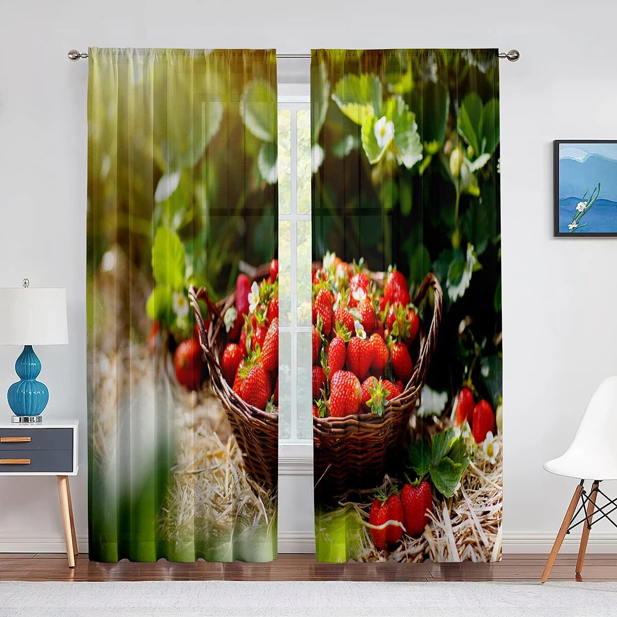 Delicious Big Strawberries on Red Background Sheer Voile Curtain Fruit ...