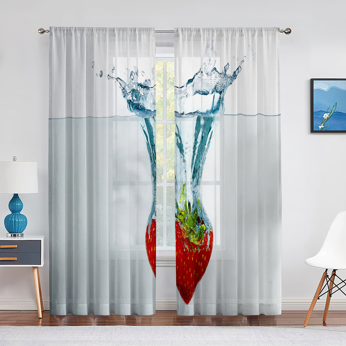 Delicious Big Strawberries on Red Background Sheer Voile Curtain Fruit ...