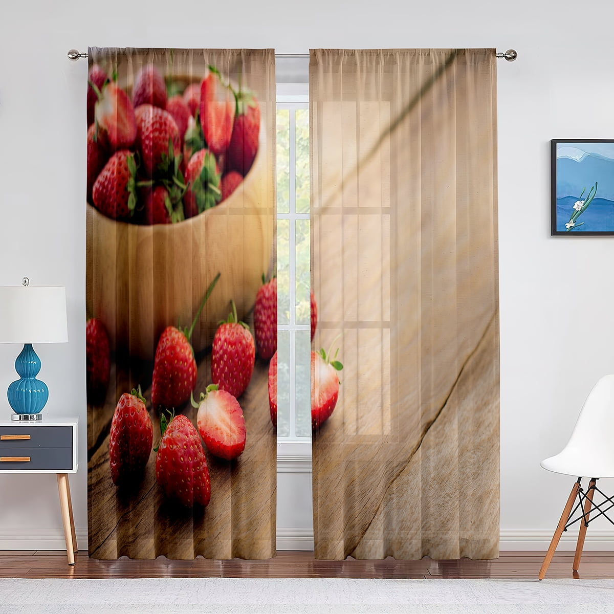 Delicious Big Strawberries on Red Background Sheer Voile Curtain Fruit Window Tulle Curtains for ...