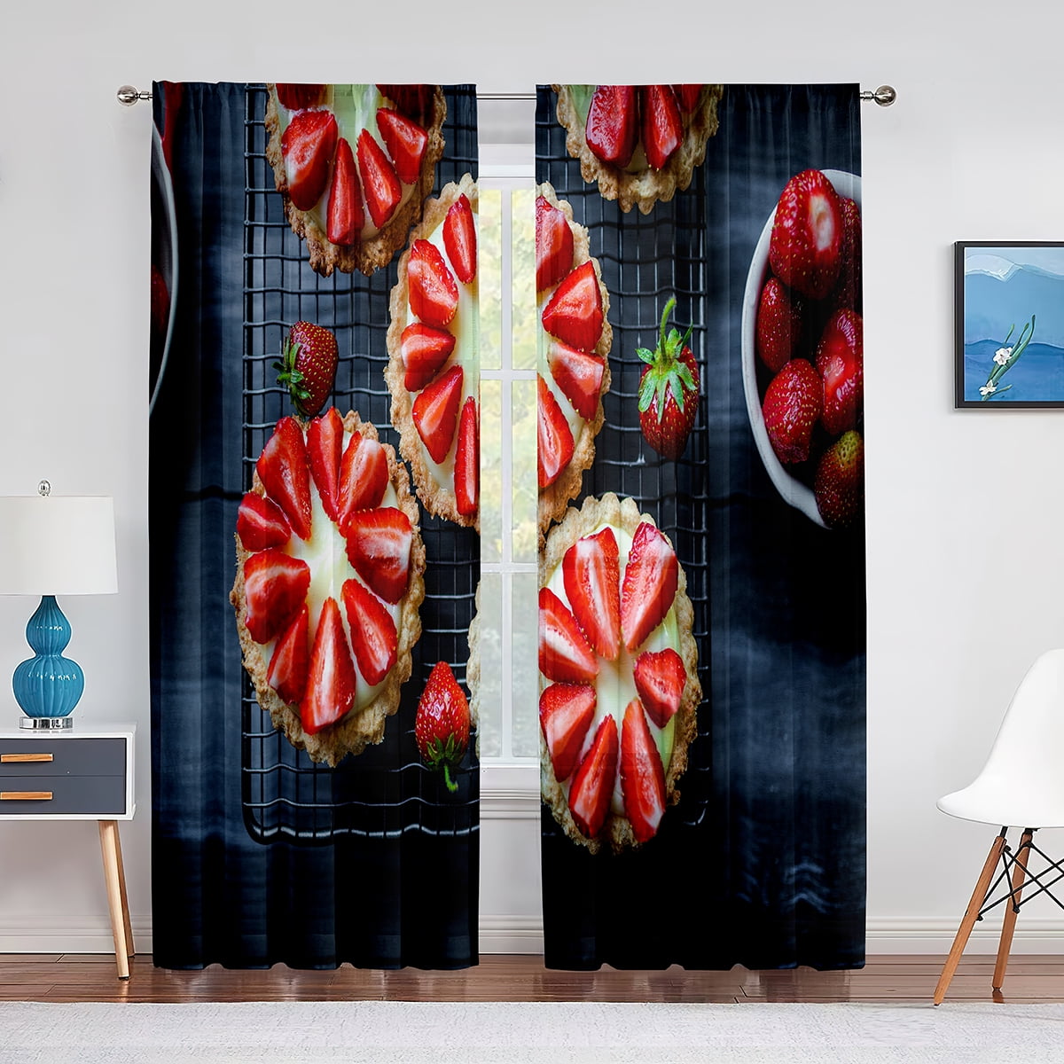 Delicious Big Strawberries on Red Background Sheer Voile Curtain Fruit ...