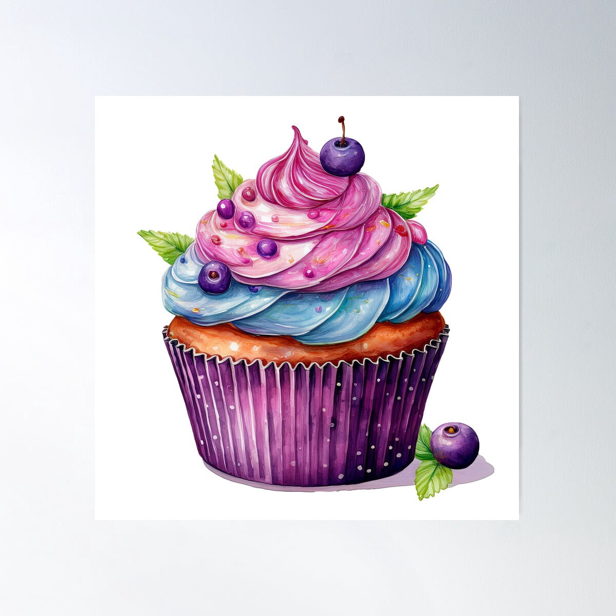Delicious Blueberry Cupcake Watercolor Poster Wall Art, Modern Wall ...