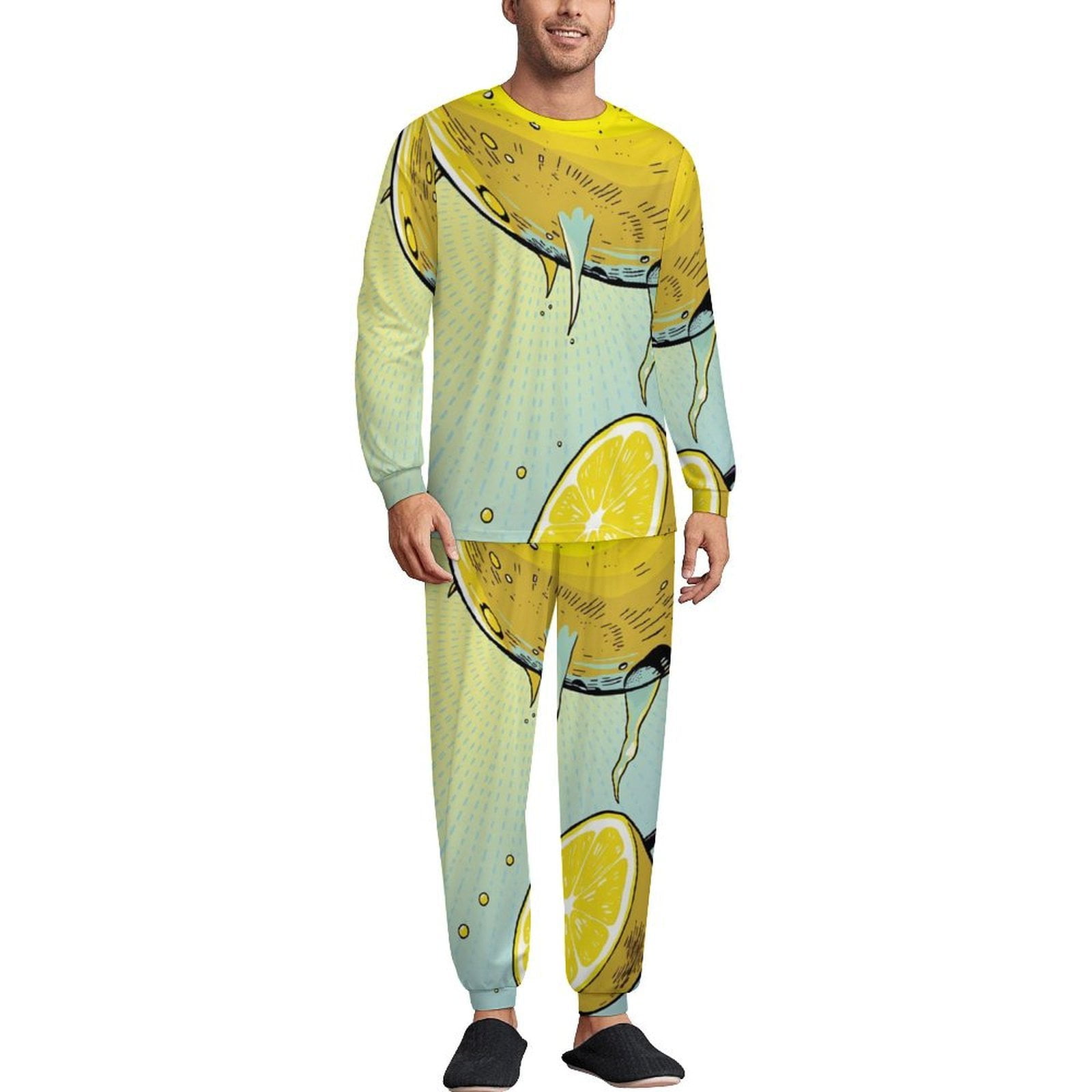 Delicious Lemon Pajamas Men Home Suit Winter Long Sleeve 2 Piece Sleep ...