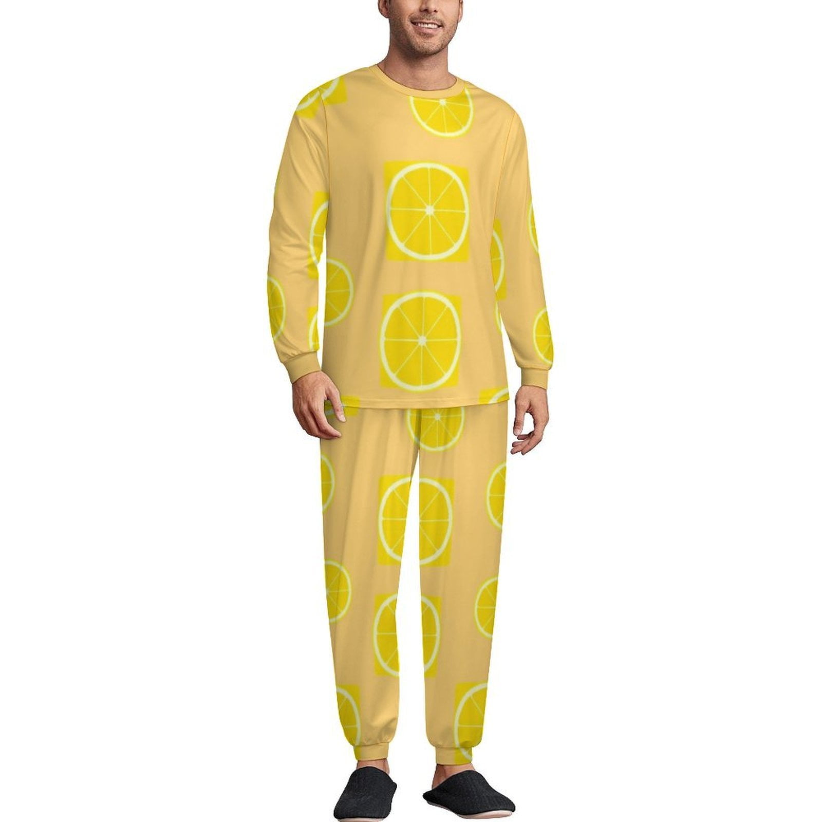 Delicious Lemon Pajamas Men Home Suit Winter Long Sleeve 2 Piece Sleep ...