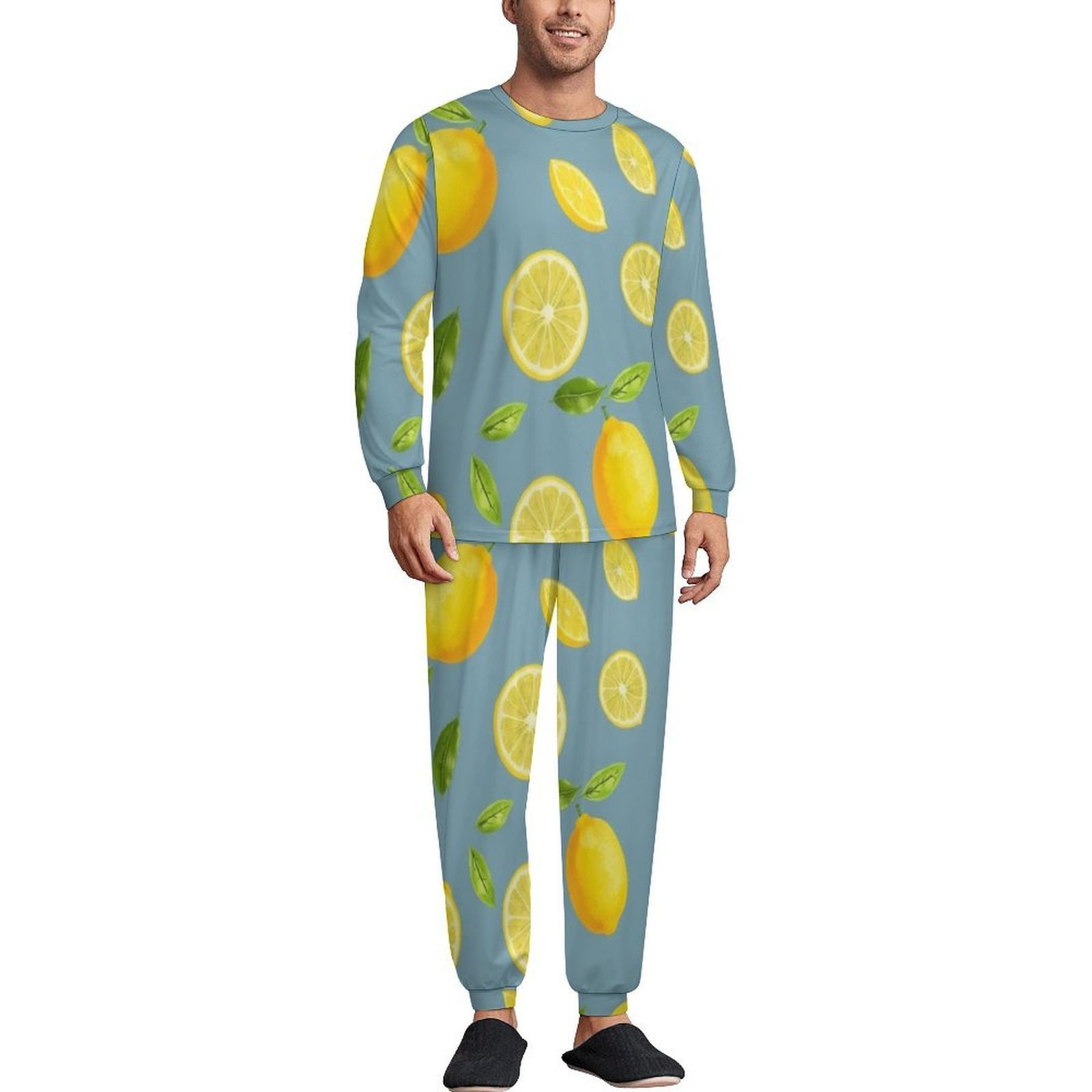 Delicious Lemon Pajamas Men Home Suit Winter Long Sleeve 2 Piece Sleep ...