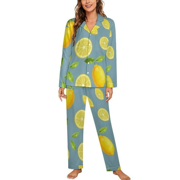 Delicious Lemon Pajamas Night V Neck Nightwear Lady Two Piece Long ...