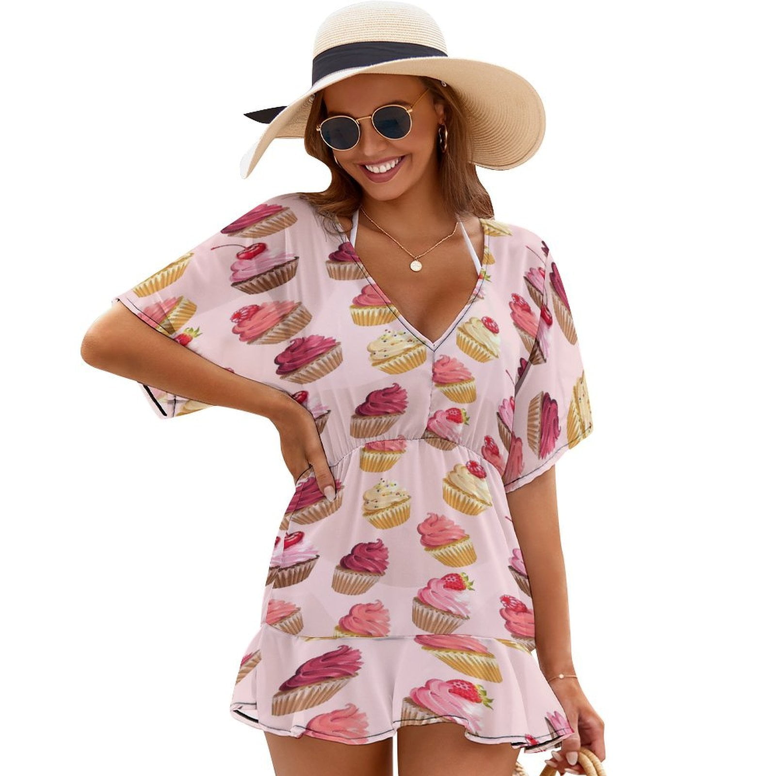 Delicious Pink Retro Cupcakes Beach Cover Ups Women V Neck Short Sleeve ...