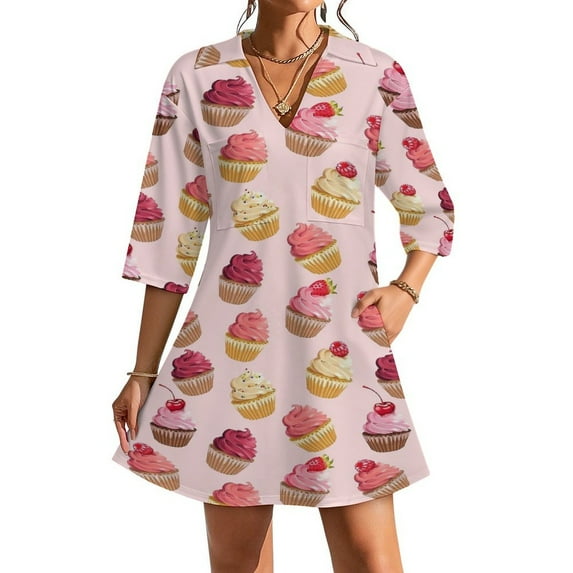Delicious Pink Retro Cupcakes Womens Dress With Pockets Summer V Neck 3 ...