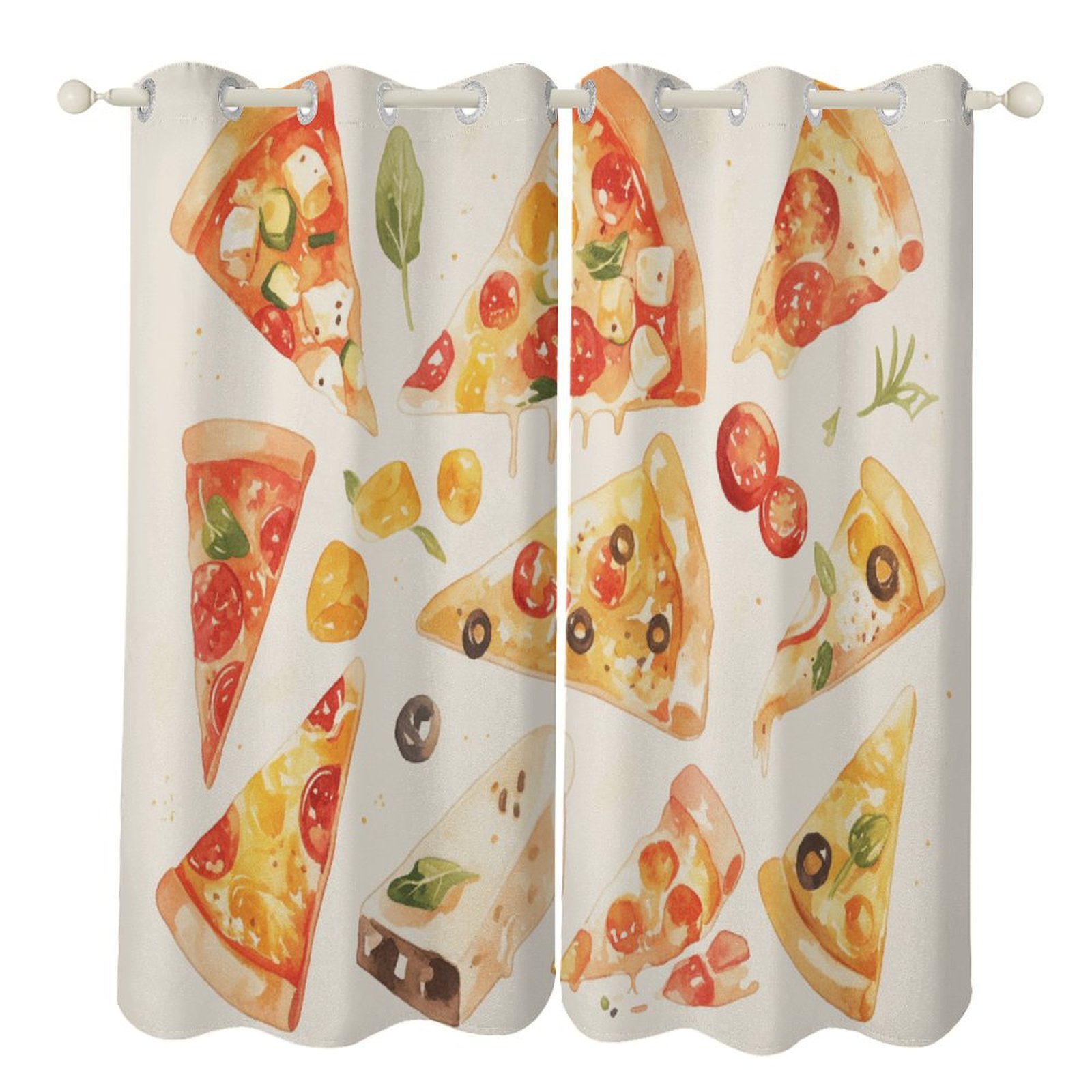 Delicious Pizza Burger 2 Panel Curtain Set, Watercolor Painting Window ...
