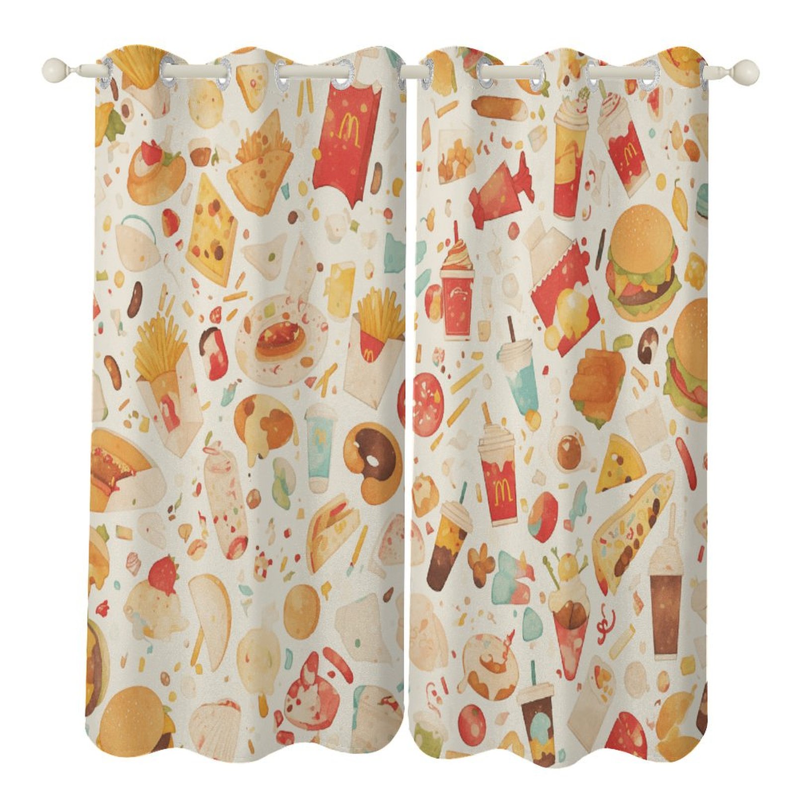Delicious Pizza Burger 2 Panel Curtain Set, Watercolor Painting Window ...