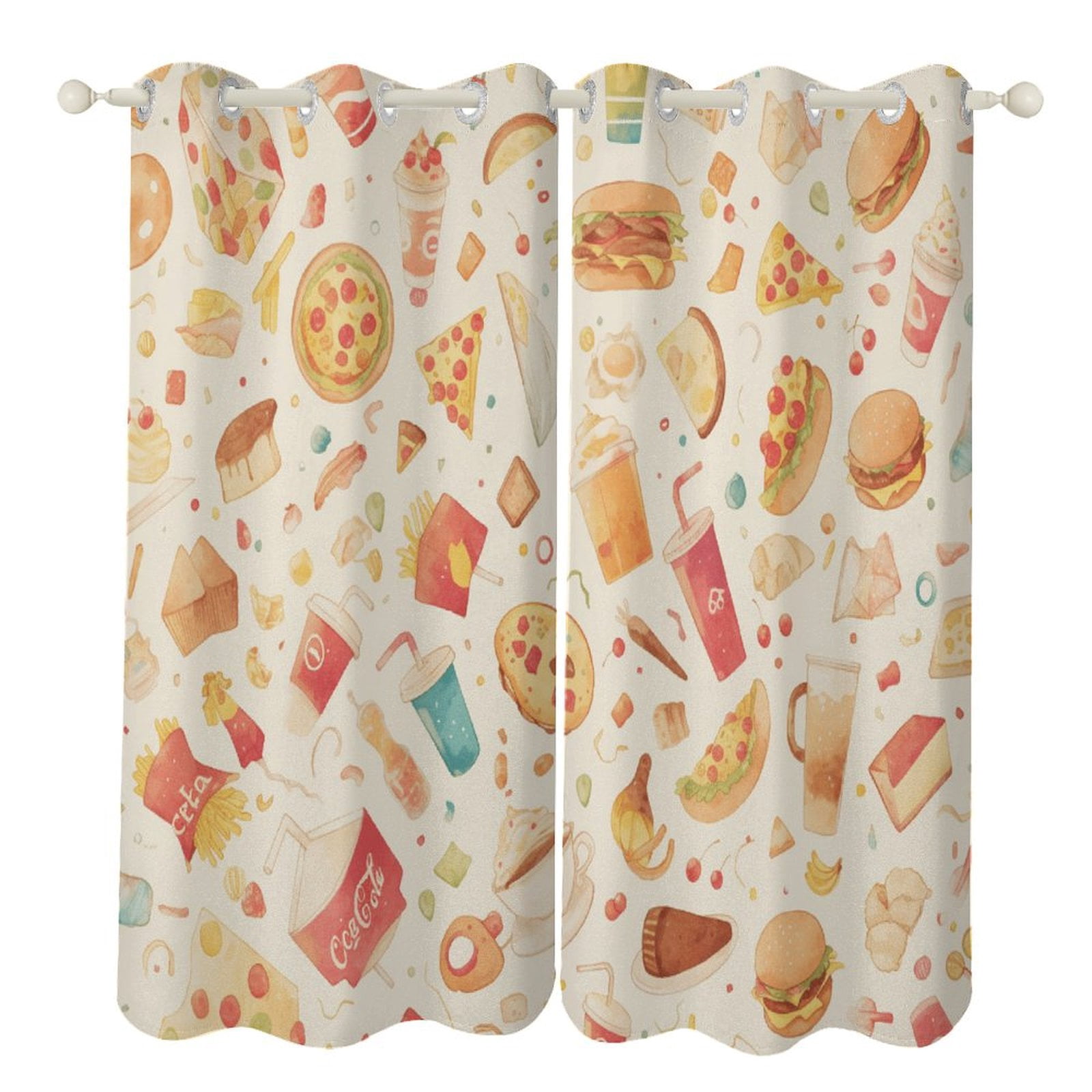 Delicious Pizza Burger 2 Panel Curtain Set, Watercolor Painting Window ...