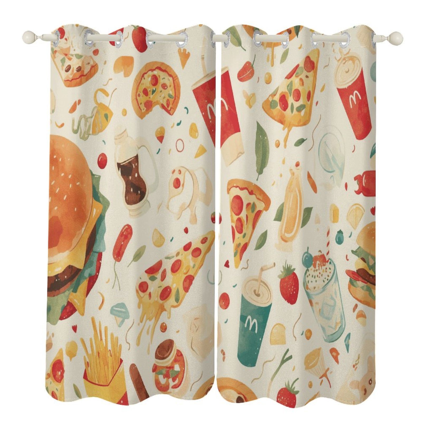 Delicious Pizza Burger 2 Panel Curtain Set, Watercolor Painting Window ...
